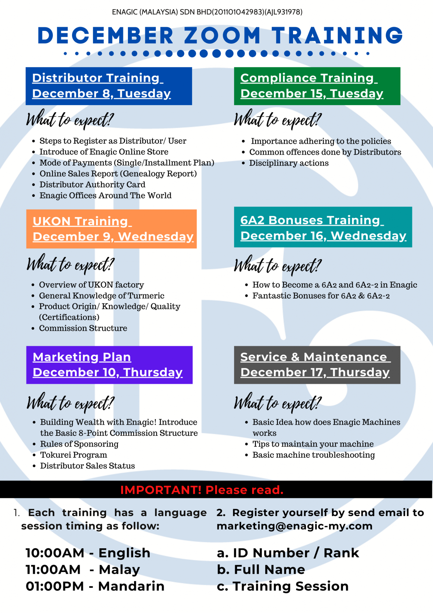 ZOOM Training Schedule - Enagic (Malaysia) Sdn Bhd
