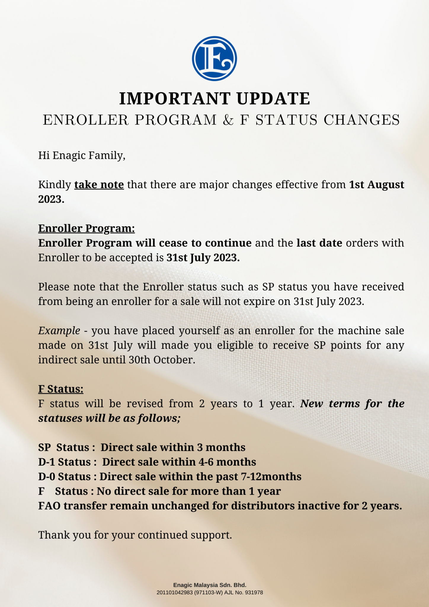 Notice – Commission Adjustment (8) – Enagic (Malaysia) Sdn Bhd